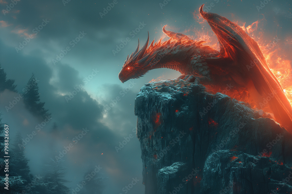 2. Fire-Breathing Guardian: Perched on the edge of a towering cliff, a ...