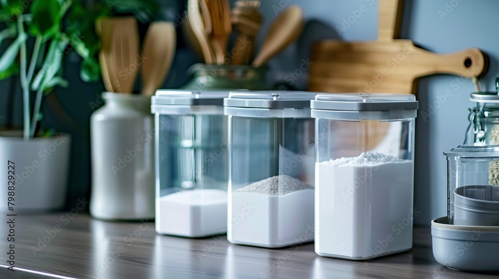 Visualize a meticulously organized kitchen where storage containers ...