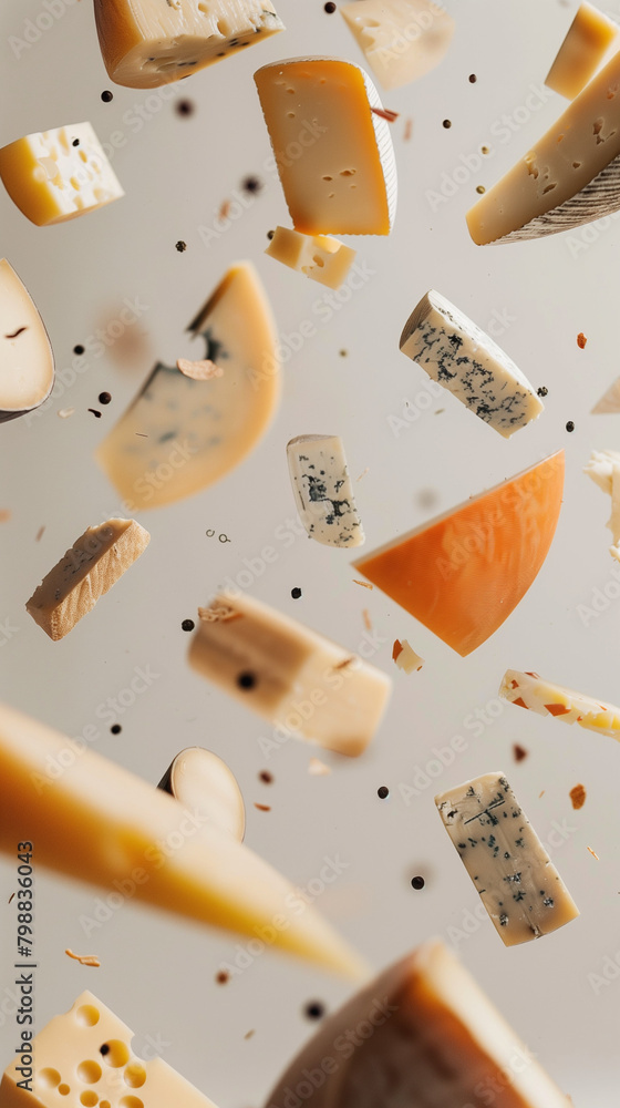 A variety of cheeses captured floating in the air, showcased against a ...