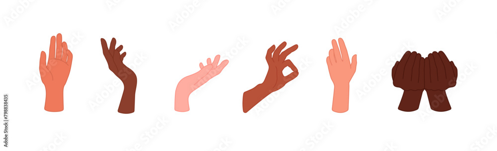 Set of hands of different skin tone with gestures isolated on white ...