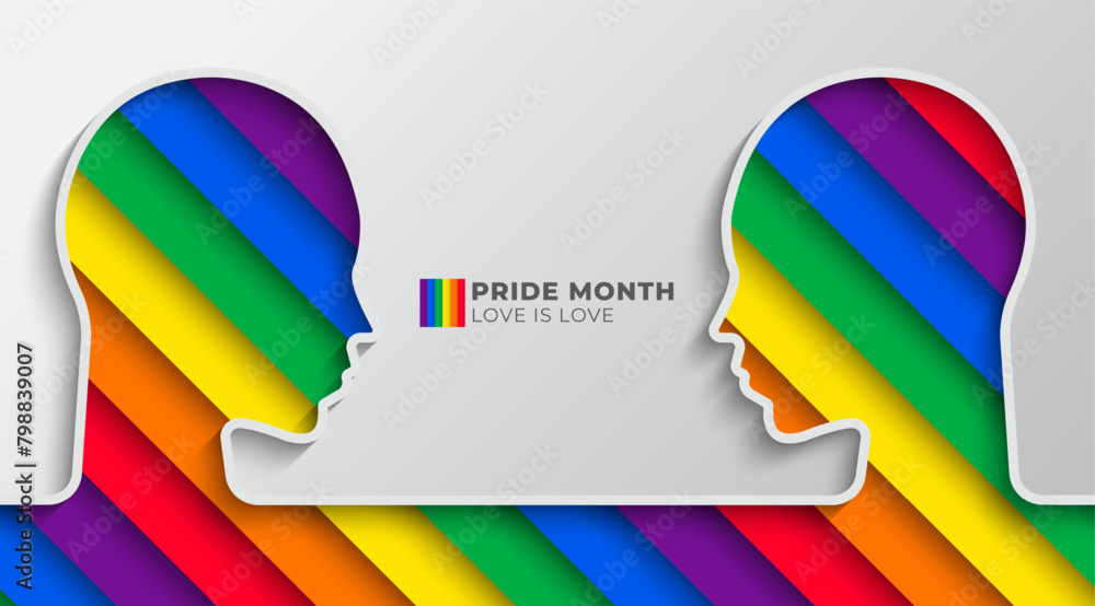 Pride Month banner concept with a two head outline has LGBT pride flag ...