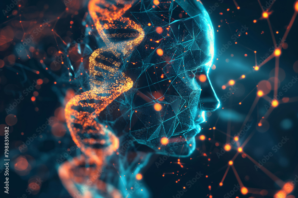 Biohacking. a computer generated image of a human head with dna ...
