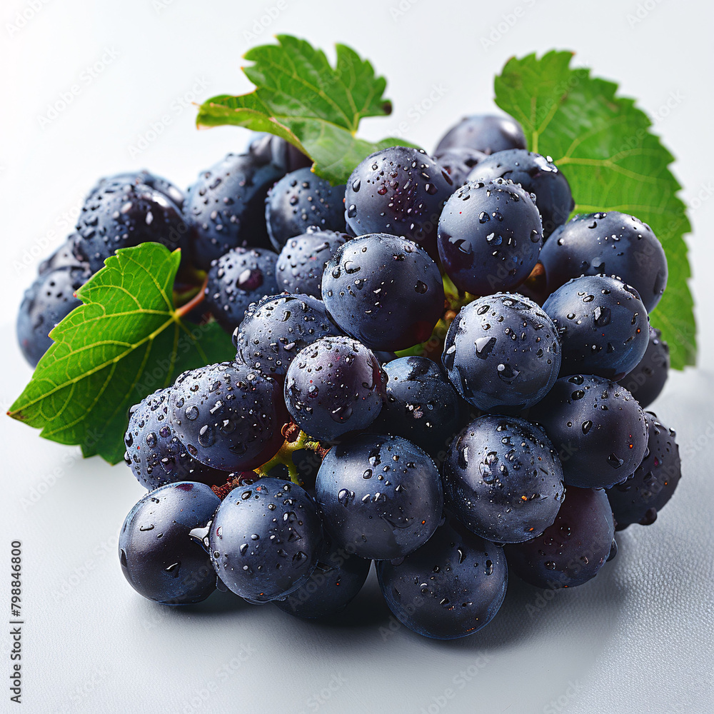 Dark blue grape with leaves isolated on white background. With clipping ...