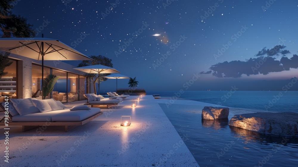 Starry night at a luxurious beach club with modern lit lounges and ...