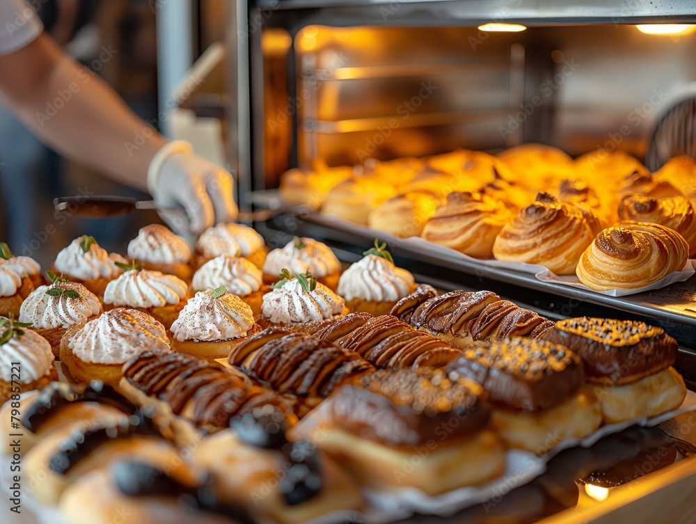 A person is making donuts in a bakery. There are many different types ...