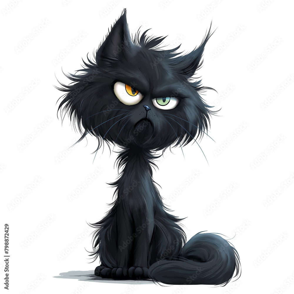 chat noir et blanc ébouriffé, style cartoon, mascotte, énervé, visage ...
