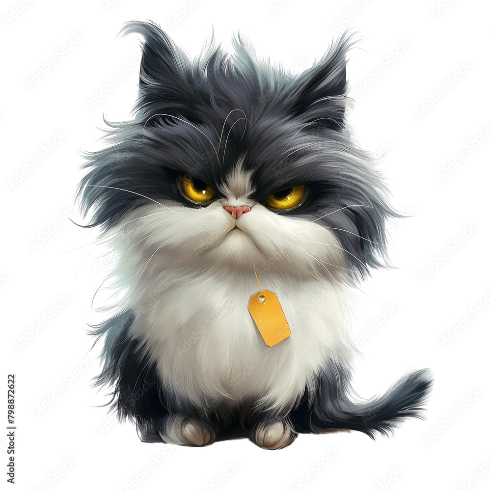 chat noir et blanc ébouriffé, style cartoon, mascotte, énervé, visage ...