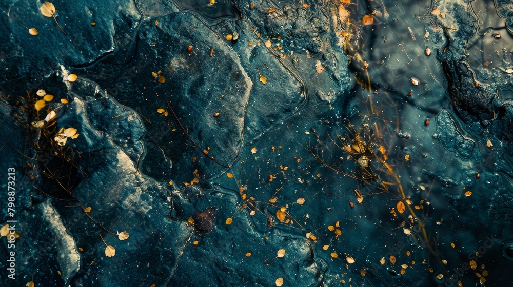 A blue rock with leaves and other debris on it. The leaves are ...