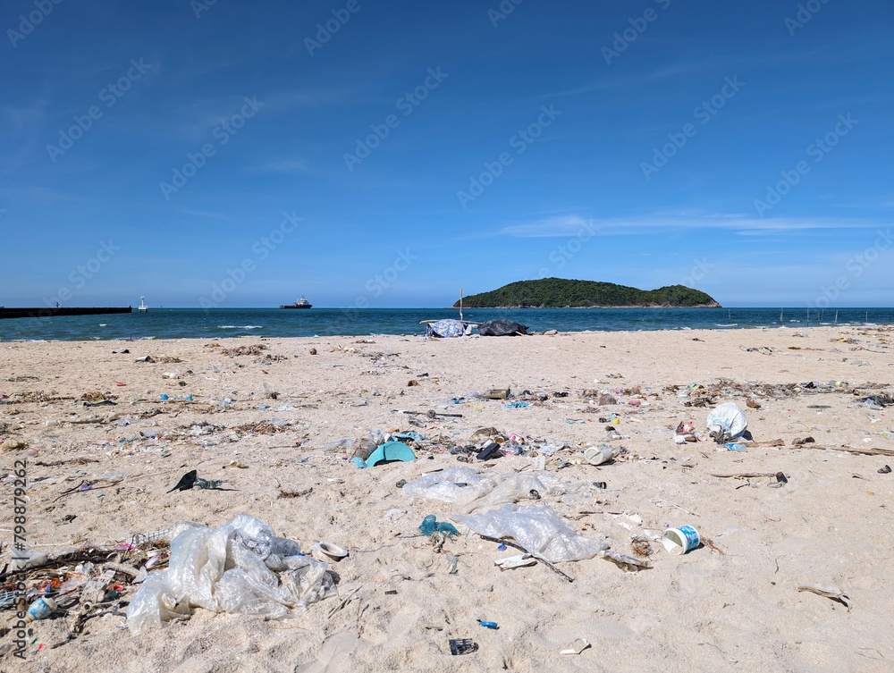 Beach Pollution: Plastic Waste on Ocean Shoreline in Thailand Stock ...
