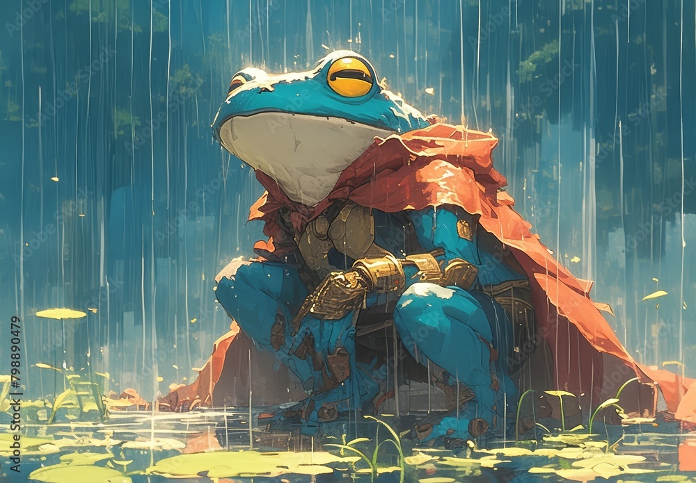 A cute frog superhero crouching in the rain, with a detailed character ...