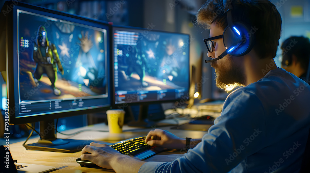 Caucasian Male Game Designer Using Desktop Computer With 3D Modeling ...