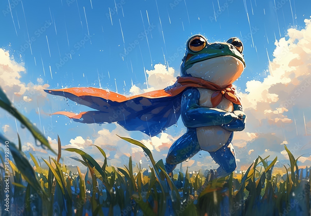 A frog dressed as an epic superhero, red and blue cape, big eyes ...