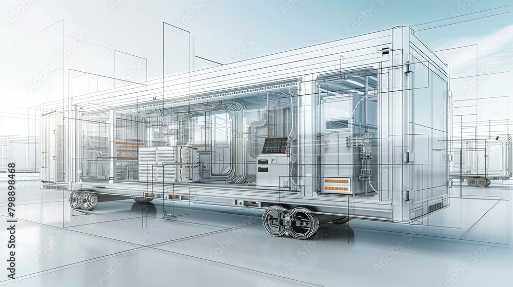 3D blueprint image of a 40-foot modular data center container ...