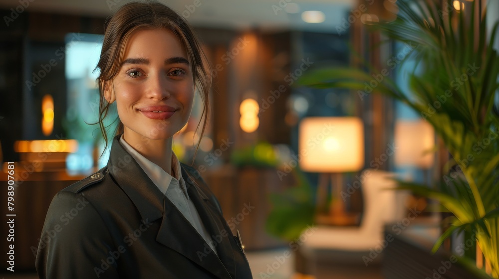A hotel receptionist smiling as they provide a warm farewell to ...
