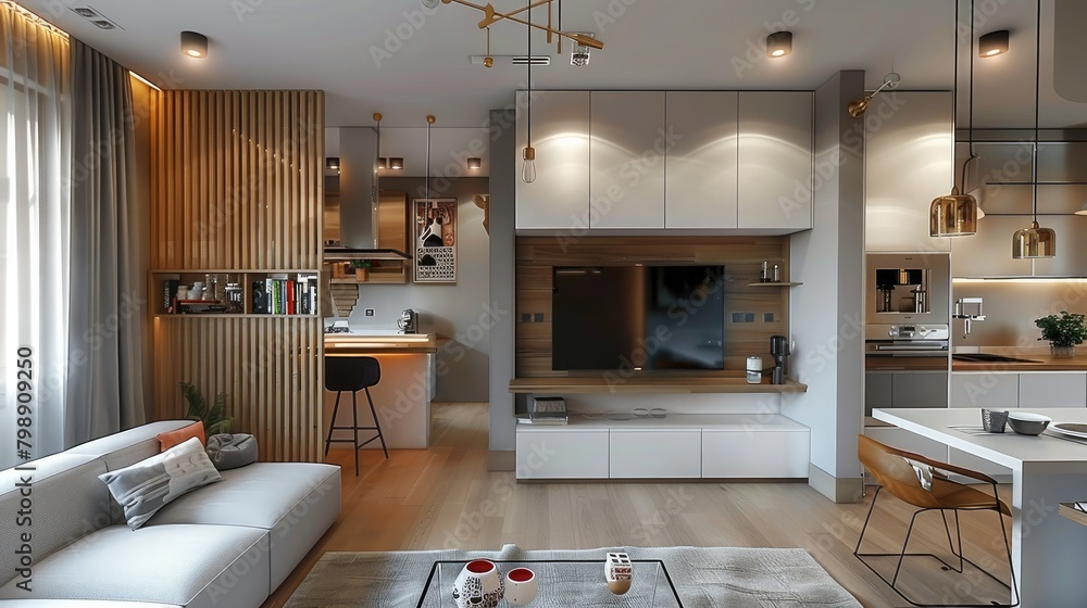 Minimalist style small apartment interior design with TV and on the ...