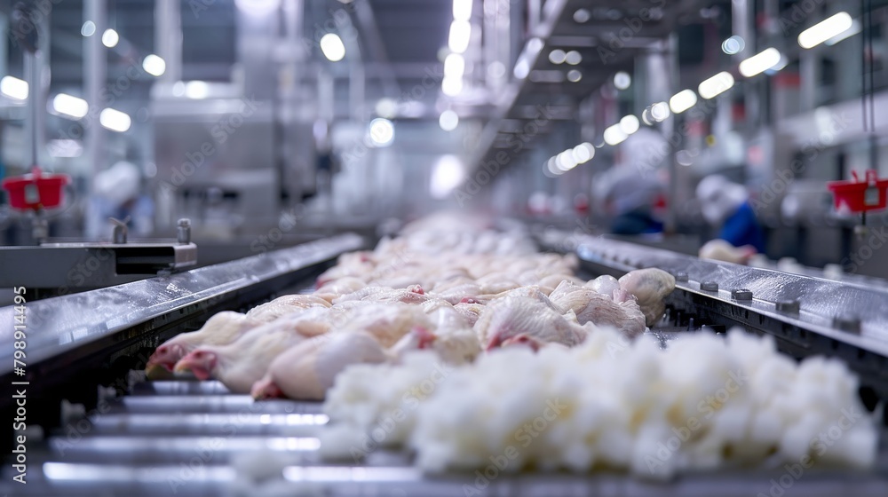 A production line at a poultry factory where chickens are being ...