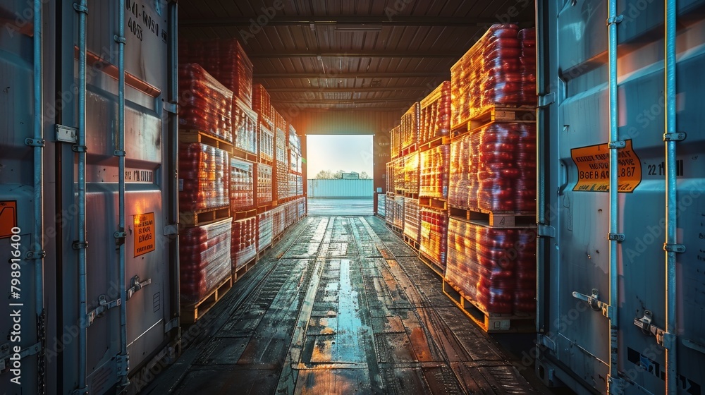 A refrigerated shipping container loaded with pallets of frozen chicken ...