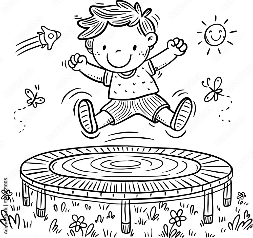 Cartoon happy boy jumping on trampoline. Kid outdoors activities ...