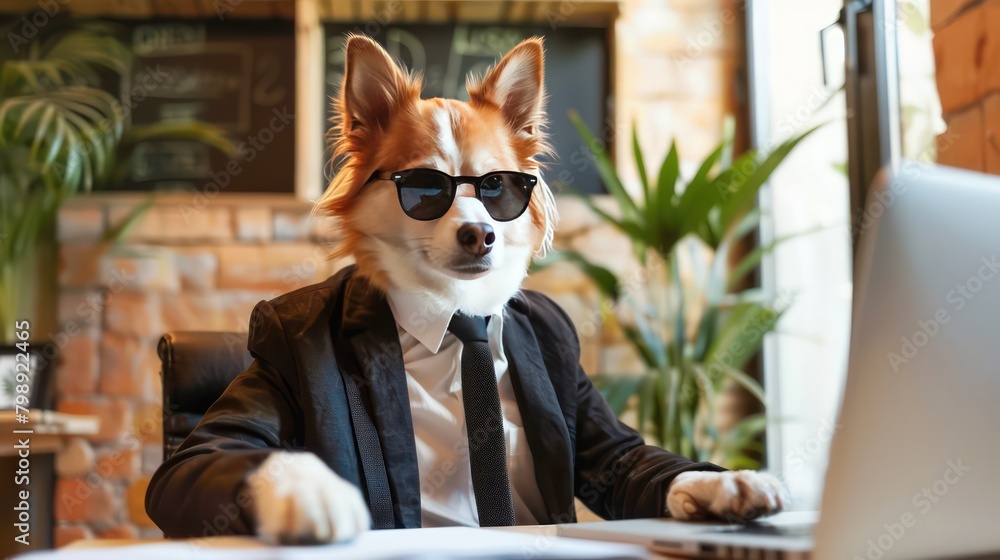 Shiba Inu doge wearing a suit working on a laptop computer in an office ...