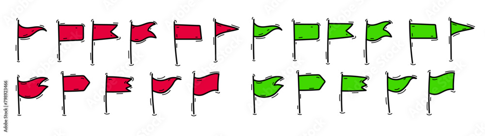 Doodle red and green waving flag icon. Vector green flag and red flag ...
