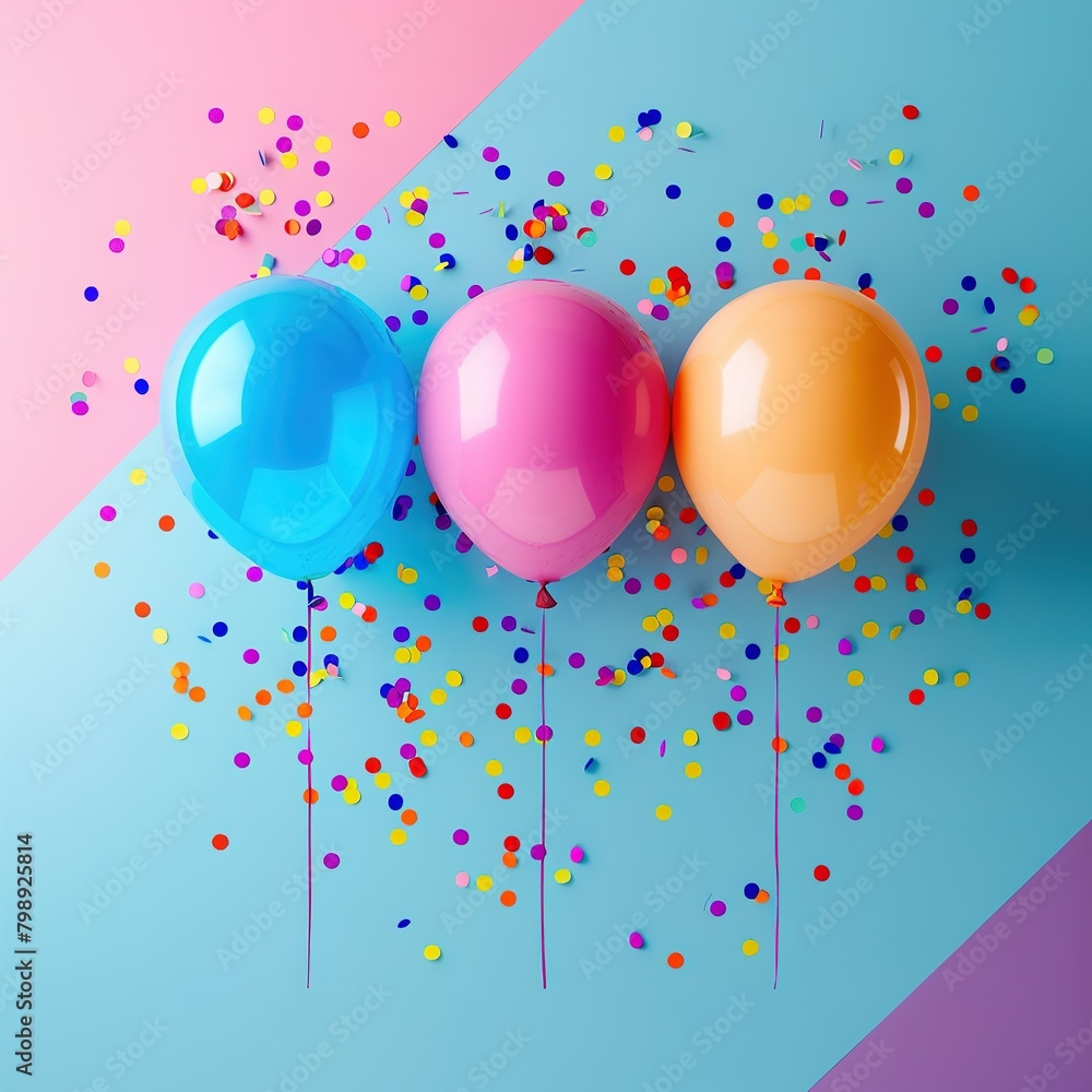 Birthday cad mockup, Brightly colored balloons and a shower of confetti ...