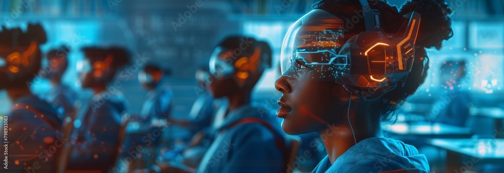 A cyborg teacher with a projected holographic display around their head ...
