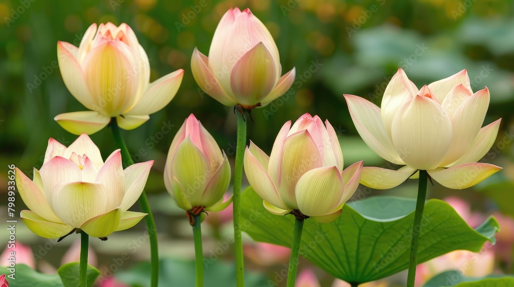 cluster of lotus flowers in various stages of bloom, representing the ...