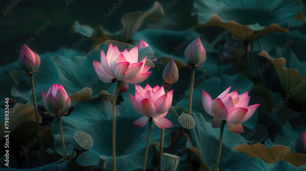 cluster of lotus flowers in various stages of bloom, representing the ...