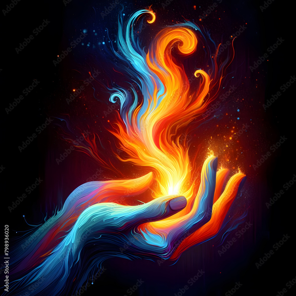 Futuristic abstract image, a woman holding a burning fire in her palms ...