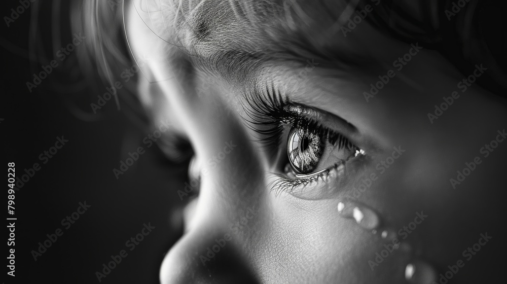 Dramatic black and white photo of a tear drop on the eyelash of a young ...