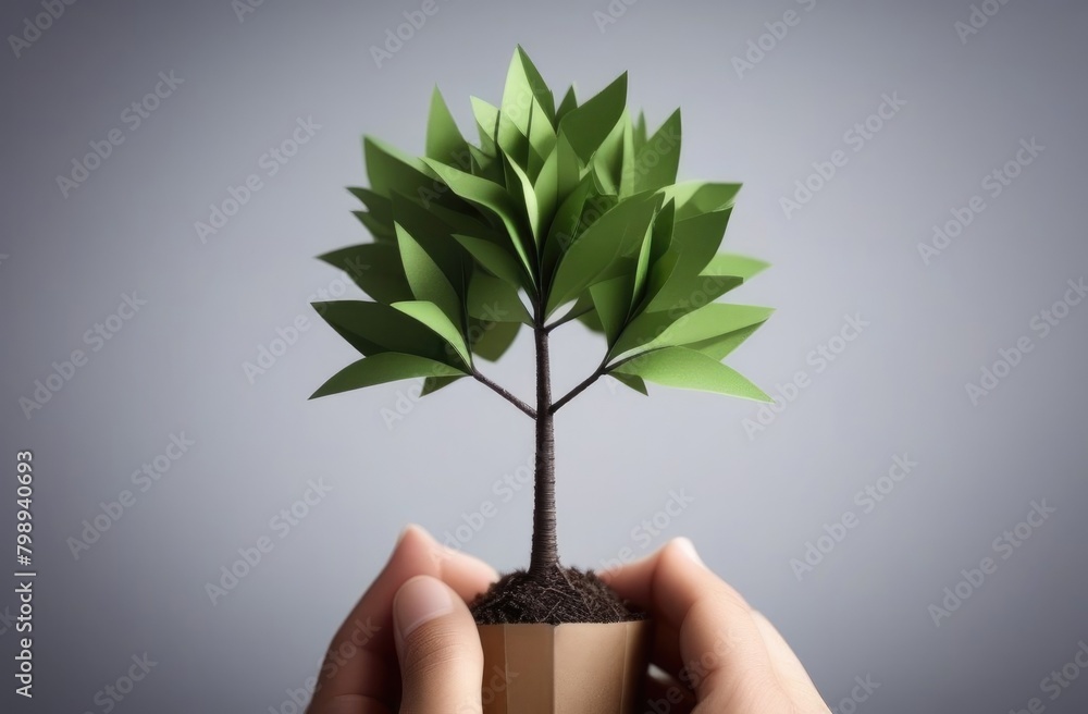 Hands close-up,paper sprout,paper green leaves,hands holding paper tree ...