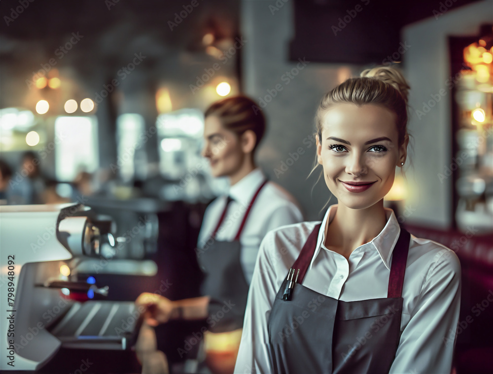 full face of beauty waitress smiles and looking at the camera , coffee ...