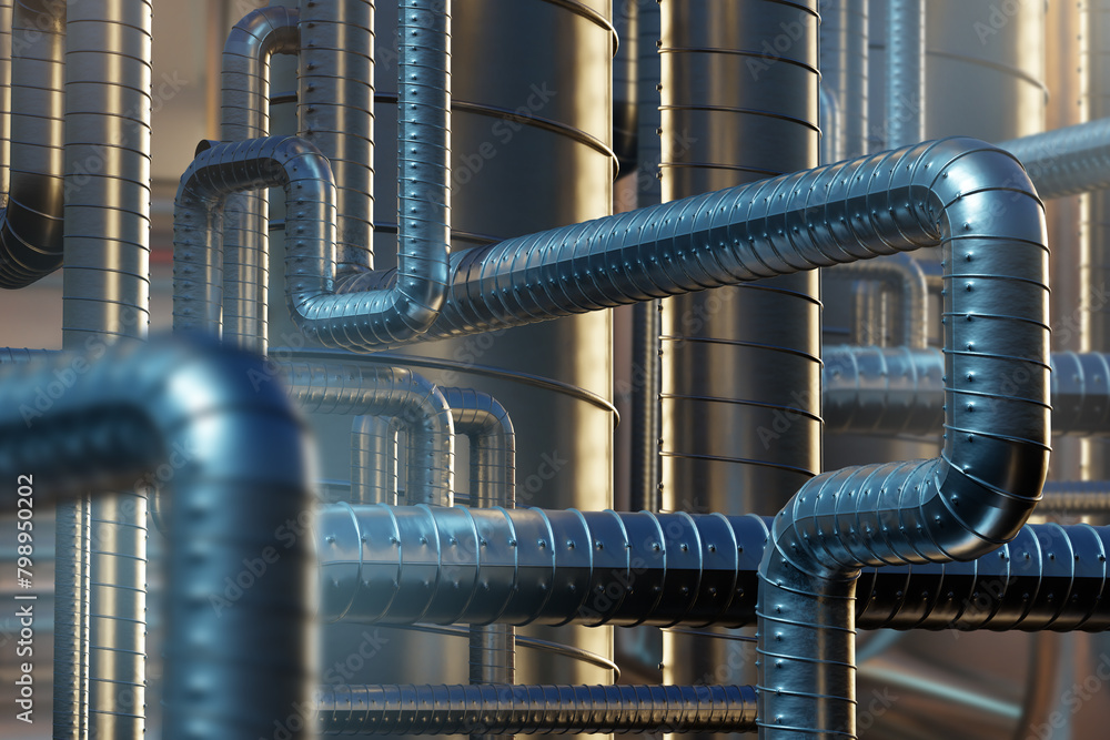 Industrial pipes. Aluminum pipeline. Tangled pipes of different ...