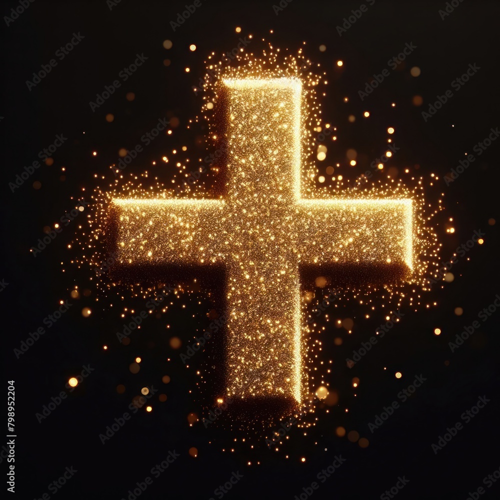 Golden glowing plus sign "+" isolated against a black background. Gold ...