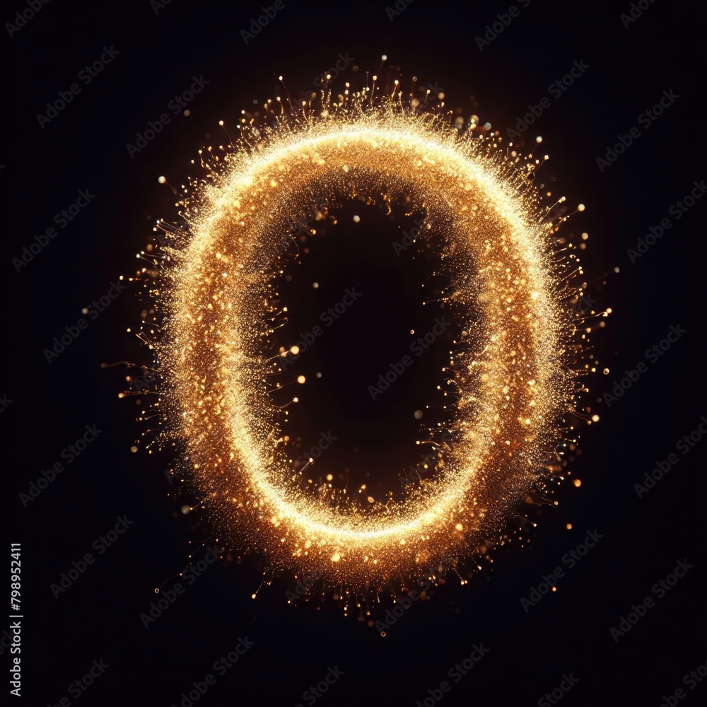 Golden glowing number "0" (ZERO) isolated against a black background ...