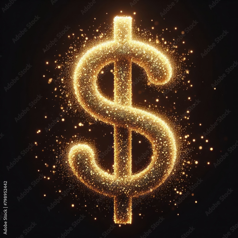 Golden glowing DOLLAR SIGN "$" isolated against a black background ...