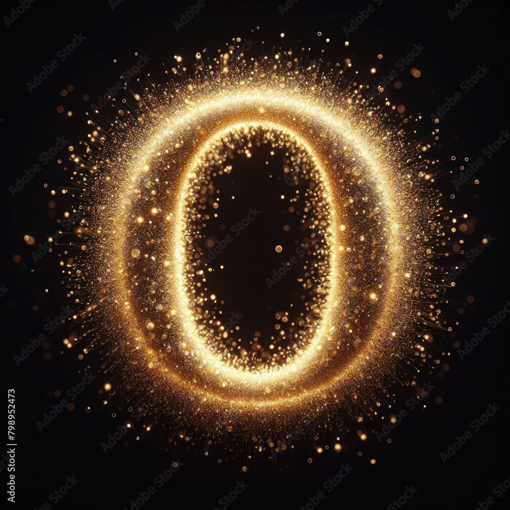 Golden glowing number "0" (ZERO) isolated against a black background ...