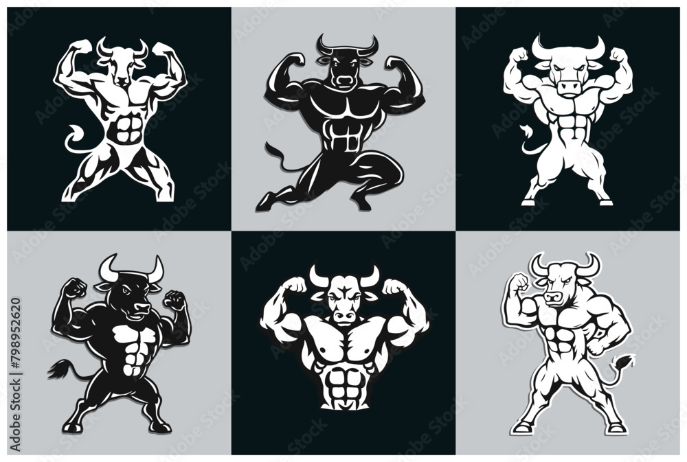 Muscular Bull flexing muscles set, six different poses Stock Vector ...