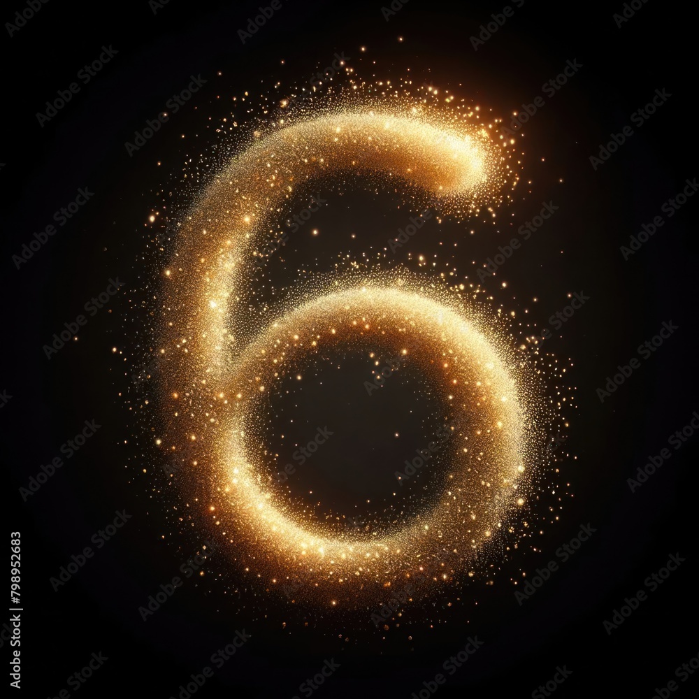 Golden glowing number "6" (SIX) isolated against a black background ...