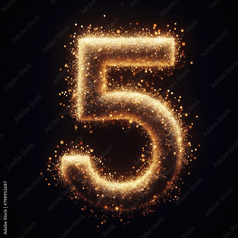 Golden glowing number "5" (FIVE) isolated against a black background ...