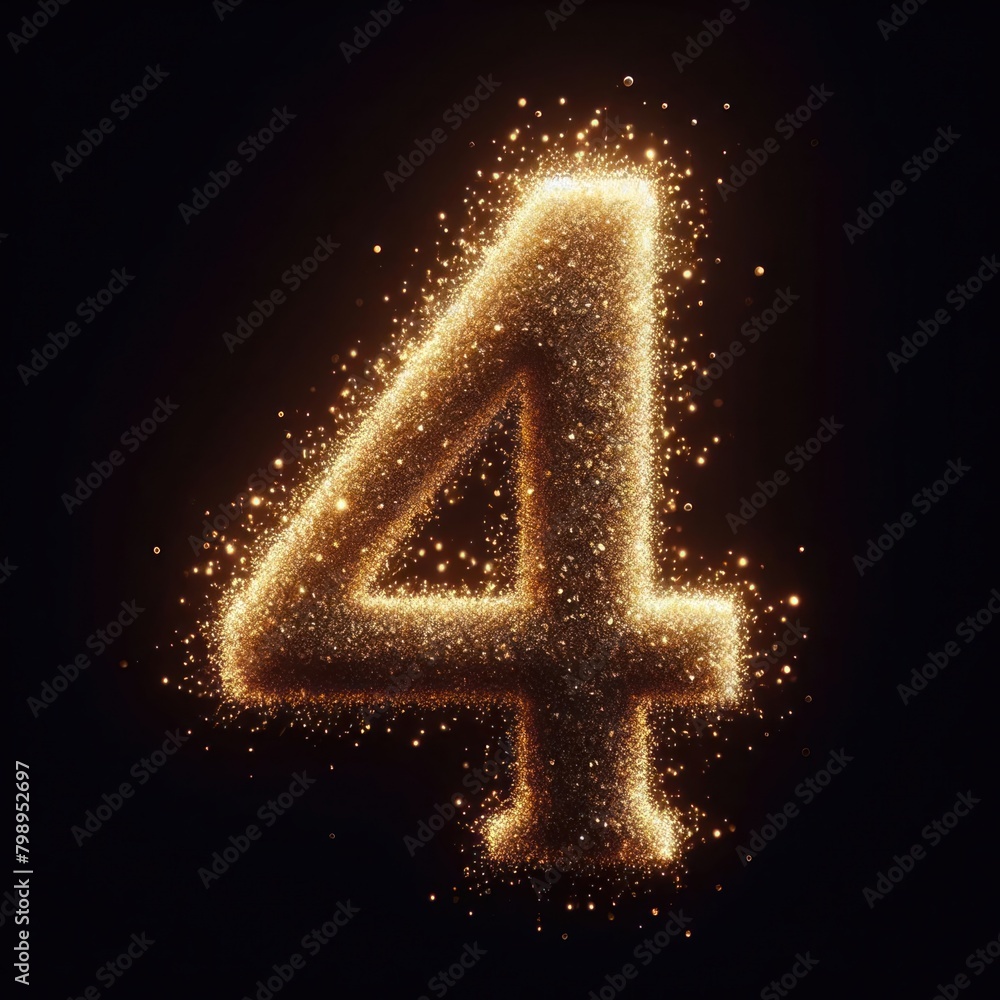 Golden glowing number "4" (FOUR) isolated against a black background ...