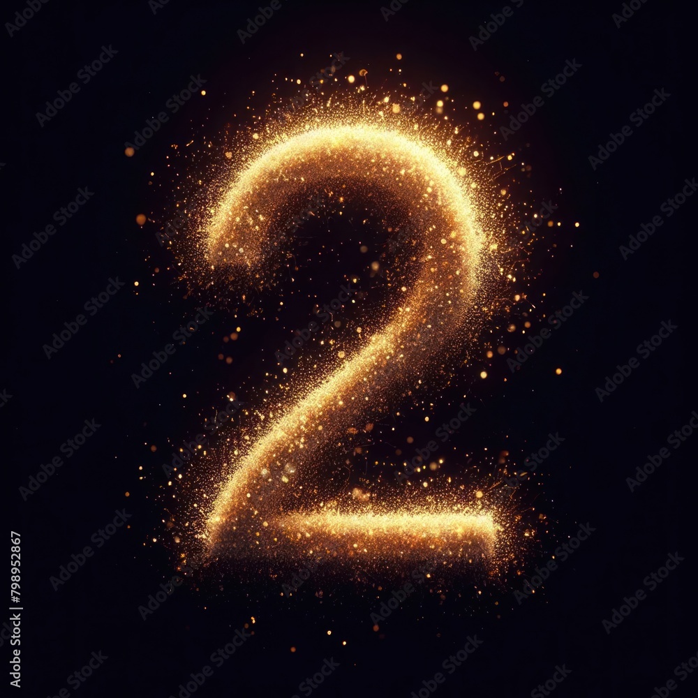 Golden glowing number "2" (TWO) isolated against a black background ...