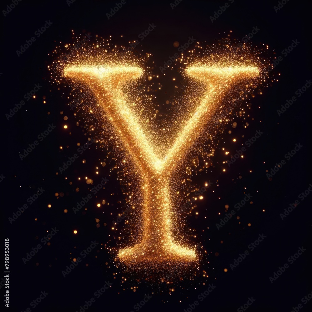 Golden glowing letter "Y" isolated against a black background. Gold glitter alphabet set ...