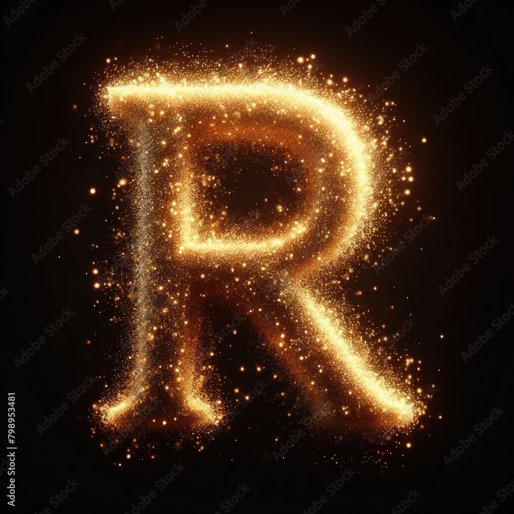 Golden glowing letter "R" isolated against a black background. Gold ...