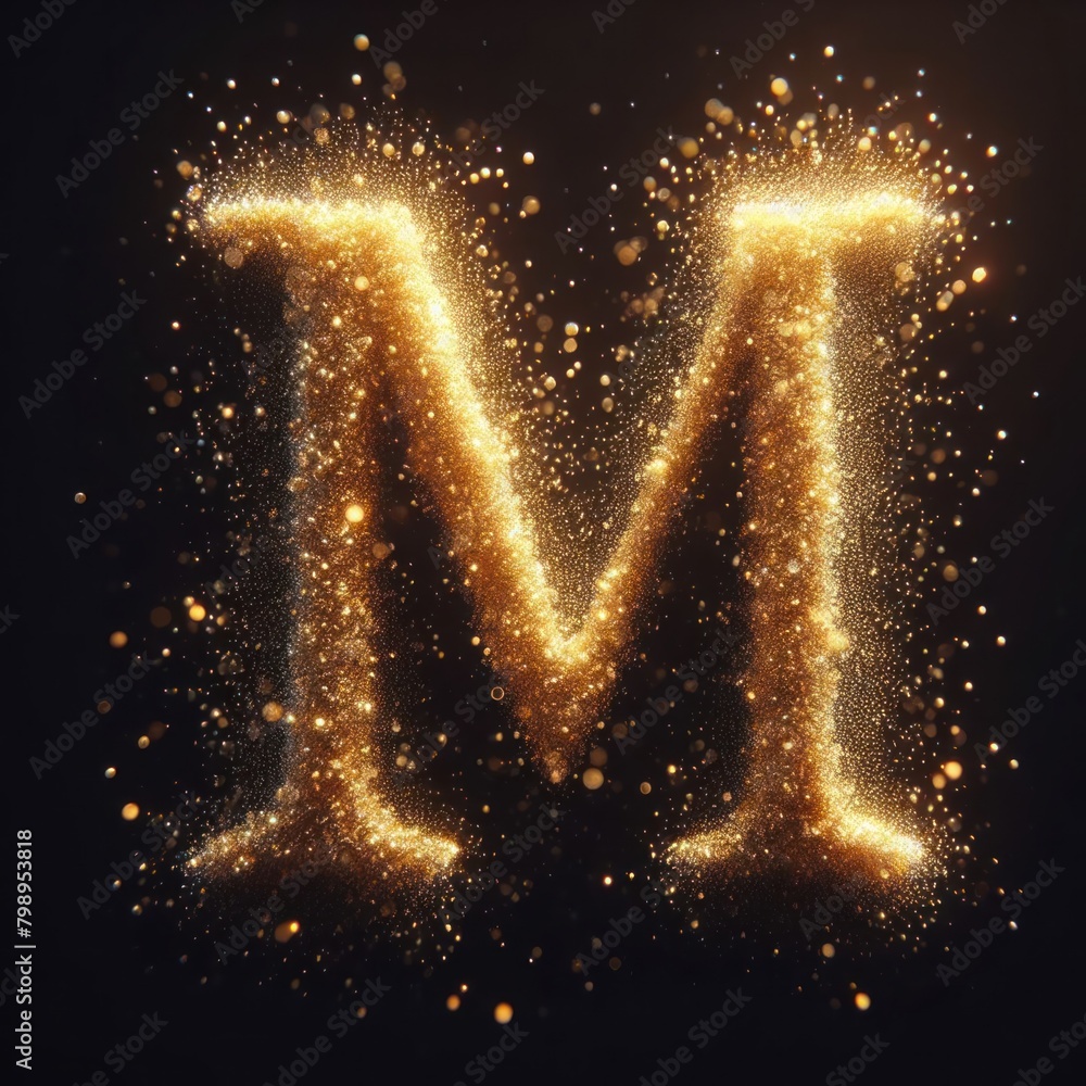 Golden glowing letter "M" isolated against a black background. Gold ...