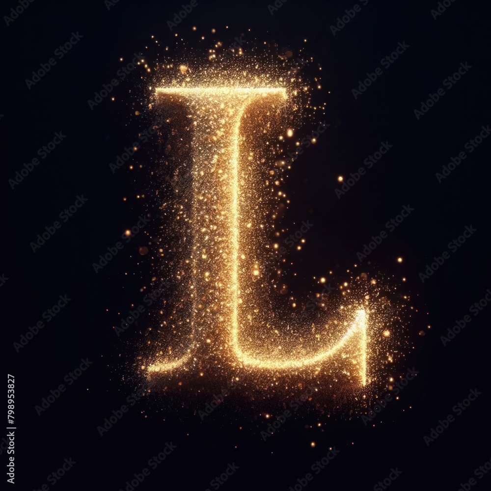 Golden glowing letter "L" isolated against a black background. Gold ...