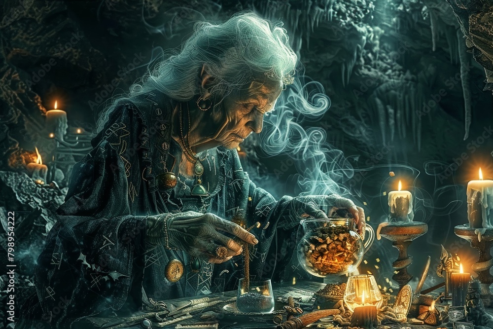 Old witch in a shadowy cave, carefully pouring ingredients into a ...