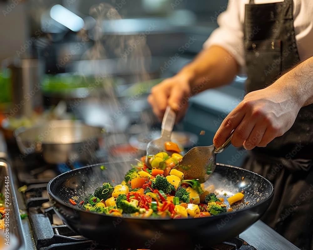 Chef preparing a vegan stirfry using sliced broccolibanana hybrids ...