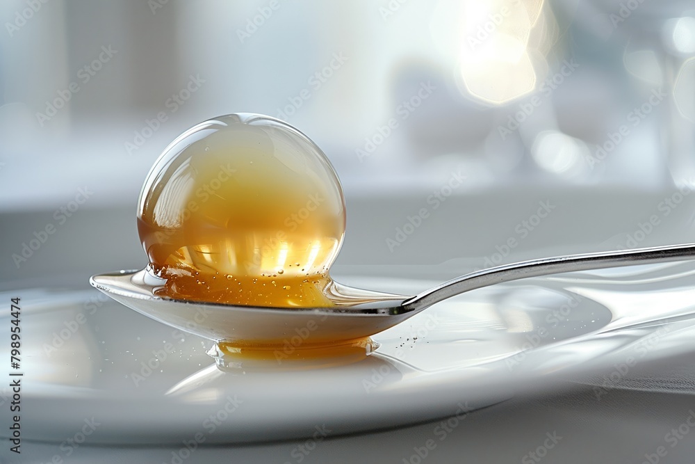 Closeup of a molecular gastronomy dish featuring a sphere of olive oil ...