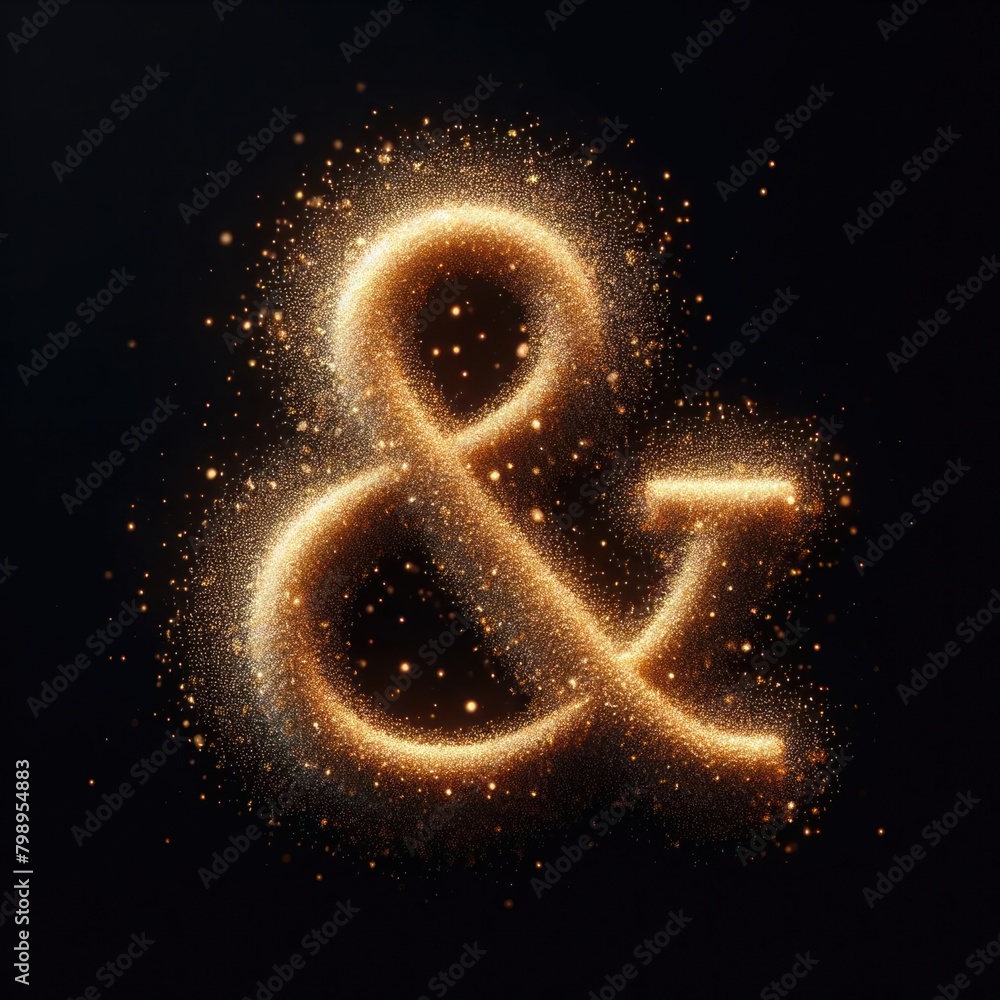 Golden glowing ampersand symbol "&" isolated against a black background ...